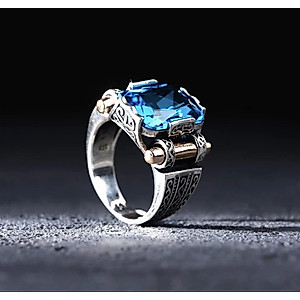 Man Silver Aquamarine Stone Ring, Blue Aquamarine Stone Ring, Vintage Men Ring, Turkısh Ottoman Men Ring, 925k Sterling Silver Ring