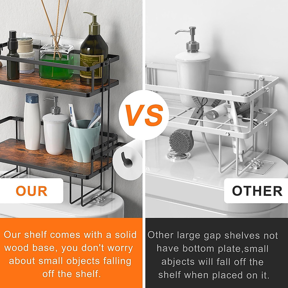 FLOLXNB 2 Tier Bathroom Storage Shelf, Wooden Toilet Shelf Organizer, Over The Toilet Storage Shelf,Toilet Storage Rack with Paper Holder and Hooks, No Drilling Wall Mounted Storage Rack, Black