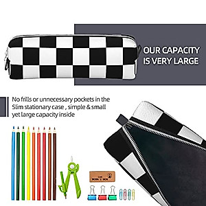 Ykklima Leather Pencil Case - Black White Race Checkered Flag Pattern, Stationery Bag Pen Organizer Makeup Cosmetic Holder Pouch for School Work Office College
