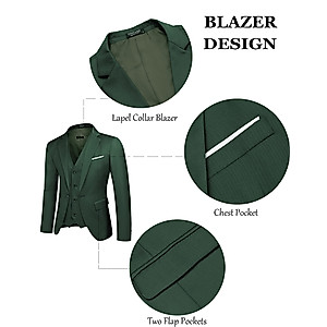 COOFANDY Mens 3 Piece Suits One Button Blazer Jacket Slim Fit Vest Suit Pant with Tie Deep Green
