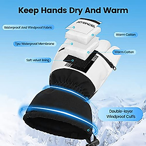 ATERCEL Waterproof Touchscreen Ski Gloves, Snow Gloves for Snowboard, Snowmobile, Winter Hiking for Man and Women, Suitable in Cold Weather(White, Small)