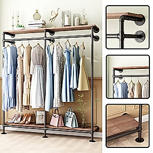 IronJiaZu Industrial Pipe Clothes Racks with 2 Shelves, Industrial Pipe Black Clothing Rack with Double Hanging Rods, Heavy Duty Wall Mounted Clothing Rack Rod for Closet Storage, Bedroom