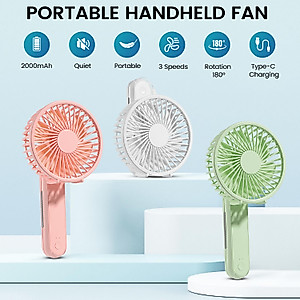 Passionbility Portable Handheld Fan - 2000mAh Personal Portable Fan Rechargeable, 180° Foldable USB Desk Fan with 3 Wind Speed, Battery Operated Fan for Travel Office Household