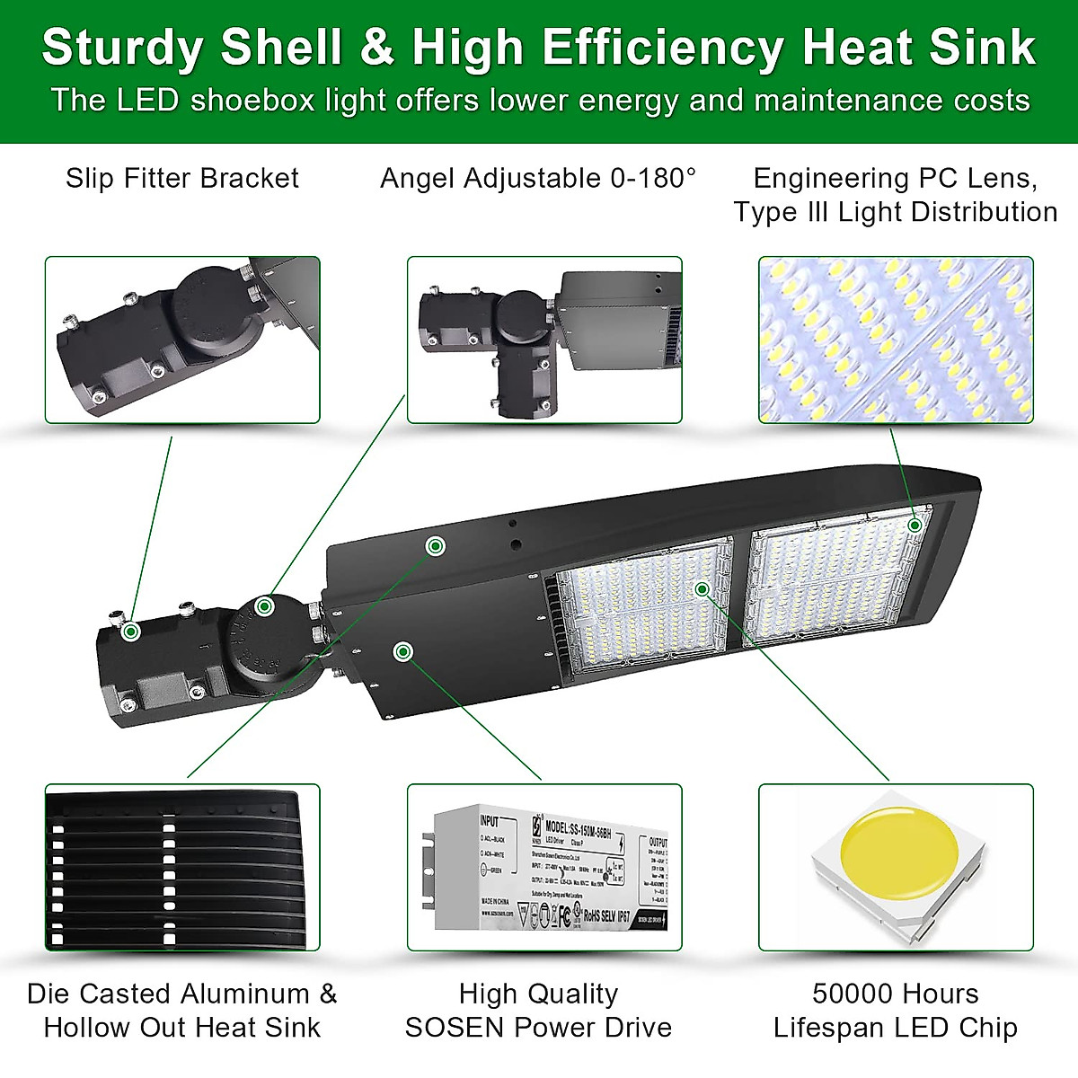 OSTEK 300W LED Shoebox Street Lighting 42000LM LED Area Pole Fixture for Parking Lot Lighting IP65 Outdoor Commercial Area Road Lighting 5000K 100-277V DLC UL