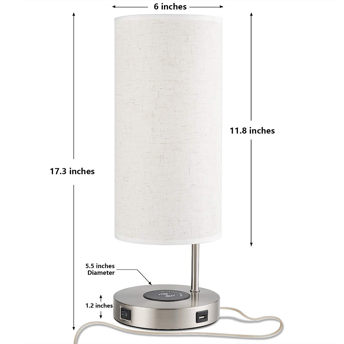 Wireless Charger Table Lamp, Bedside Lamp with USB Port and Wireless Charging Pad, Nightstand Lamp with Round Flaxen Fabric Shade for Bedroom Living Room College Dorm Office, Satin Nickel