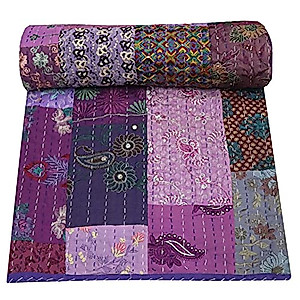 Kantha Quilt, Indian Cotton Bedspread, Twin Size Reversible Bed Sheet, Handmade Kantha Throw,Floral Bed Cover