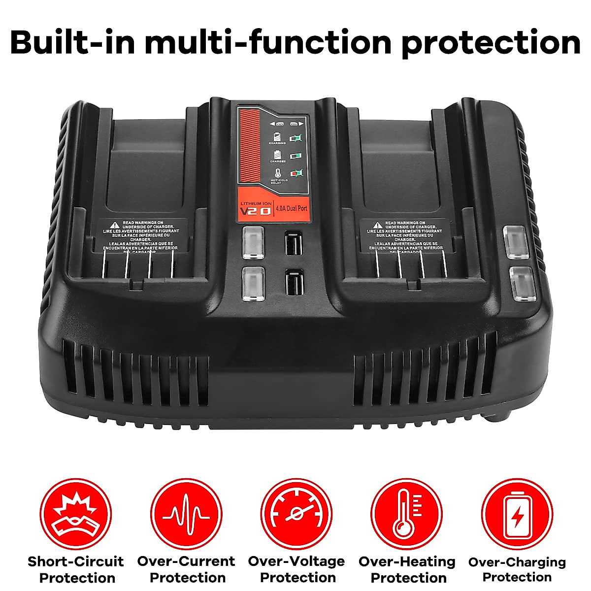 Dual Port 20V Fast Charger for Craftsman V-20 Lithium Battery Charger CMCB104 CMCB204 CMCB202 CMCB201 CMCB209 CMCB205 CMCB100 Replacement for Craftsman 20V Battery Charger