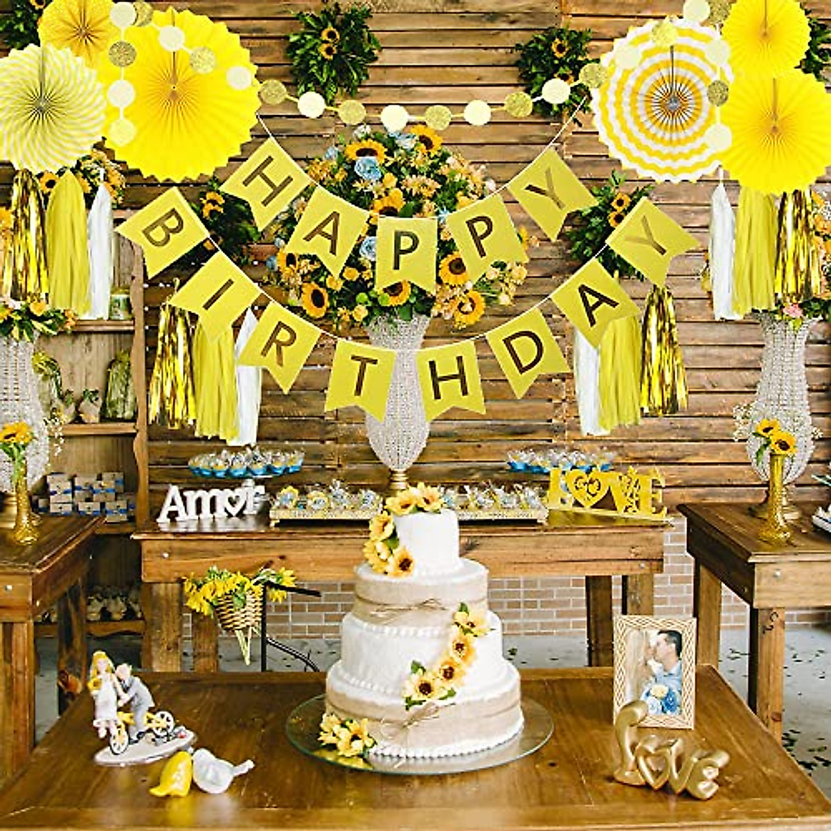Yellow Birthday Party Decoration - 6 Hanging Fans & Birthday Banner & Decorative Circle Dot Garland & 12 Paper Tassels for Birthday Party, Baby Shower, Wedding etc.