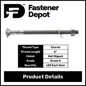 3/8"-16 x 7 Hot Dipped Galvanized Carriage Bolt w/Nuts & Flat Washers, Grade A, 6" of Thread, Quantity 25 - by Fastener Depot, LLC
