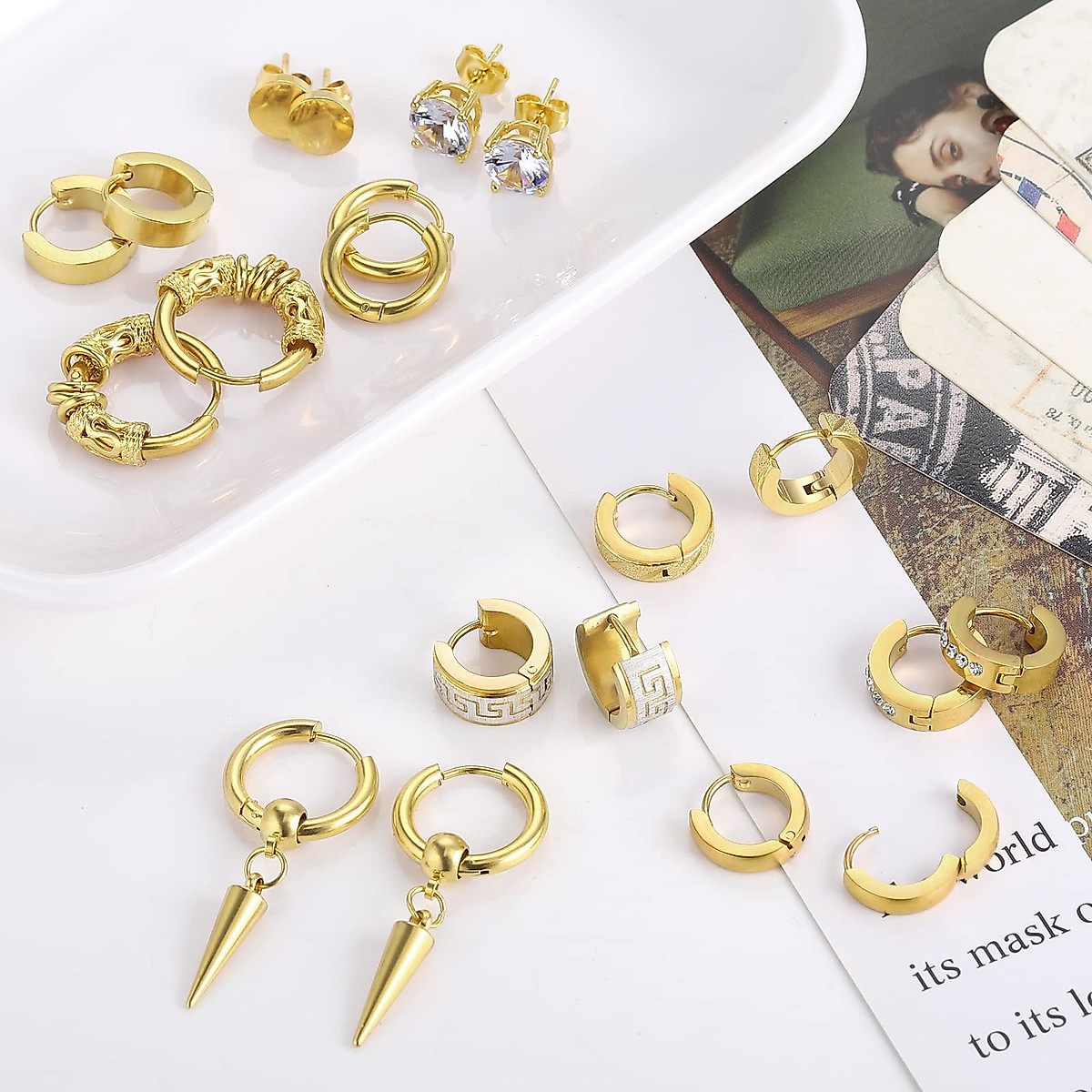 Earrings for Men Women, Funtopia 11 Pairs Stainless Steel 18K Gold Plated Small Hoop Earrings, Cross Dangle Earring Set, Fashion Huggie Earring Piercing Jewelry for Party Birthday, Gold