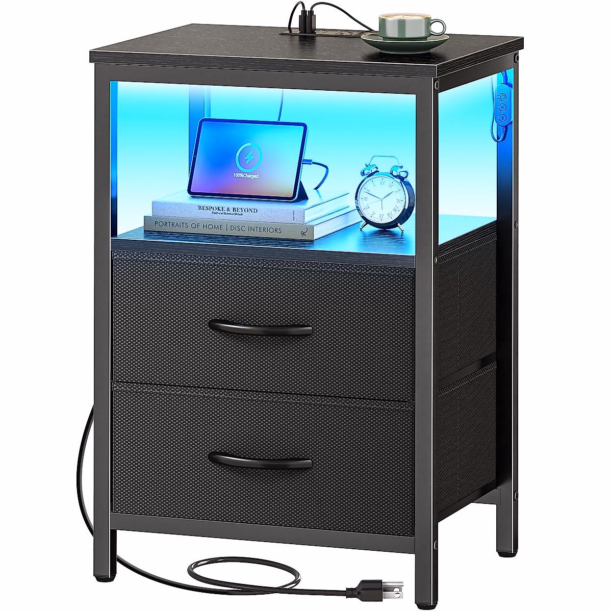 Huuger Night Stand with Charger Station and LED Lights, 2 Drawer Nightstand, Bed Side Table with Open Shelf, End Table, Fabric Dresser for Bedroom, Black