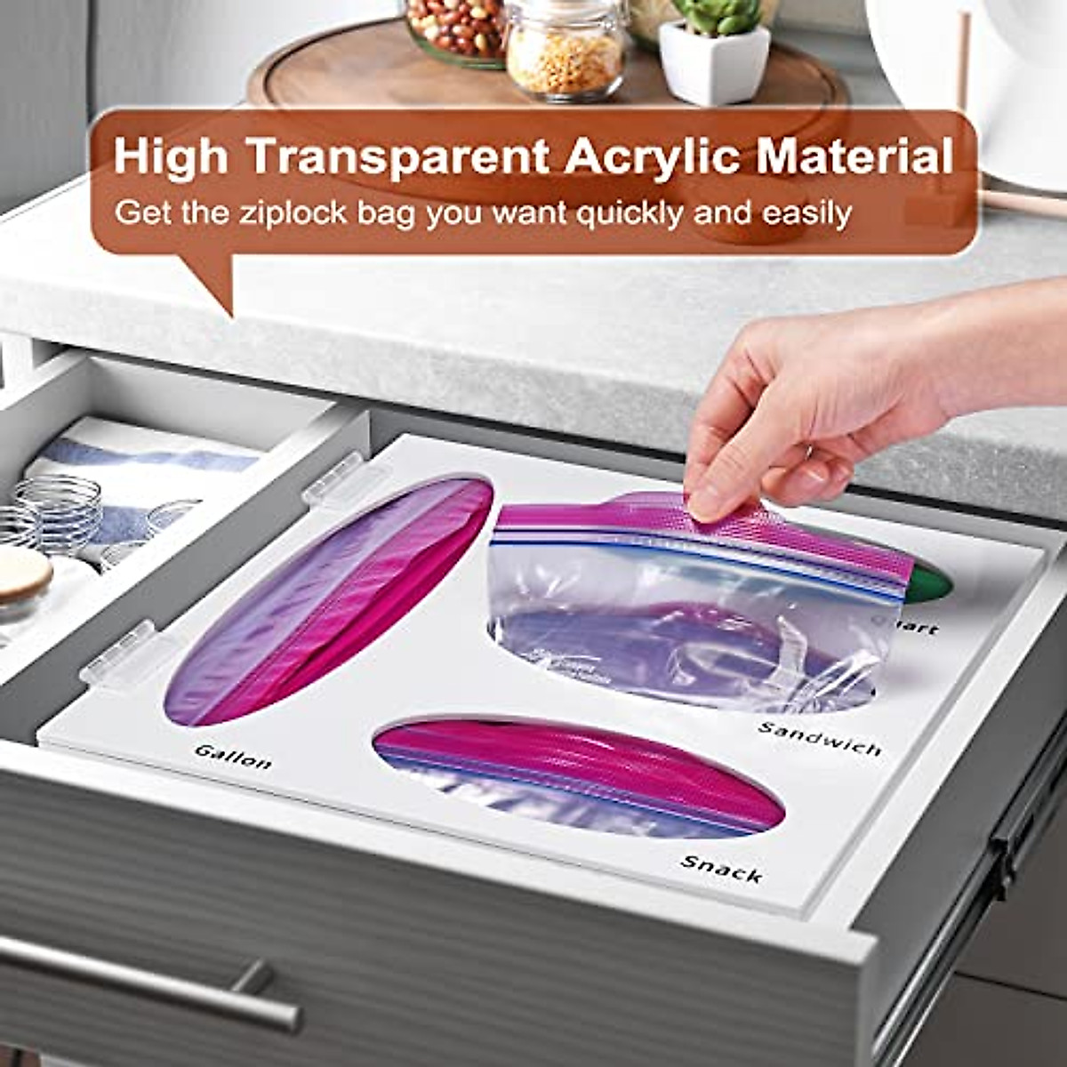 Ziplock Bag Storage Organizer for Kitchen Drawer, Acrylic Baggie Organizer, Zip Lock Bag Dispenser Holder for Gallon, Quart, Sandwich and Snack, Compatible with Ziploc, Solimo, Glad, Hefty,Great Value