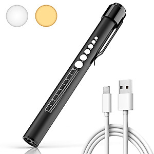 RISEMART Pen Light for Nurse, Rechargeable LED Medical Pen Light, Warm&White Light, Portable Medical PenLight with Pupil Gauge for Nurse, Doctor, First Aid, EMT, Nursing,Nursing Student Black