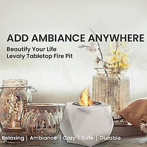 Levaly Tabletop Fire Pit for Indoor Outdoor - White Geometric Smokeless and Odorless Table Top Firepit Bowl - Mini Portable Firebowl - Cement Fireplace - Backyard Patio Balcony Smores,Ethanol Biofuel
