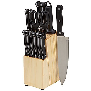 Amazon Basics Non-Stick Cookware Set, Pots, Pans and Utensils - 15-Piece Set & 14-Piece Kitchen Knife Set with High-Carbon Stainless-Steel Blades and Pine Wood Block