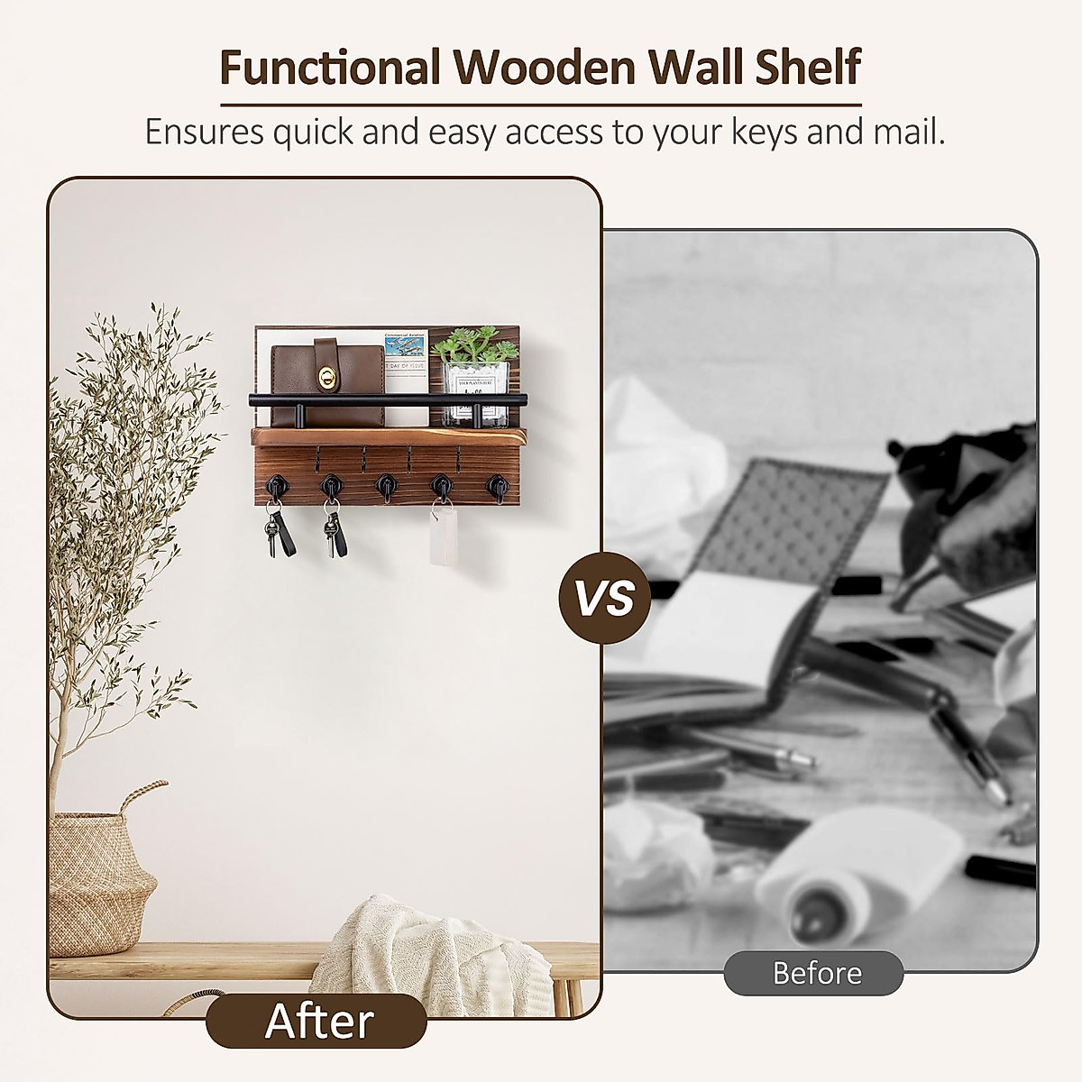 Nekon Key Holder for Wall with Shelf, Entryway Wall Organization with 9 Hooks, 9.8 Inch Wooden Key and Mail Holder with Mounting Screw Pack (Brown)