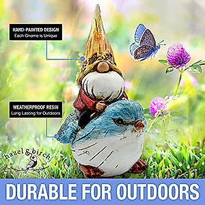 Garden Gnomes Outdoor Decorations - 7.25 inches Tall - Gnome Statues for Yard, Lawn, Patio, Porch Decor - Hand Painted, Weatherproof Gnome Figurine (Blue Bird Rider Gnome) HAZEL & BIRCH