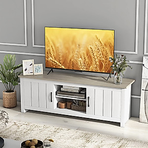 Tangkula 2 Doors TV Stand for TVs up to 65”, 57” TV Console Table w/ 2 Cabinets & Open Shelves, 2 Cable Management Holes. Wood Media Entertainment Center TV Cabinet for Living Room (White Oak)