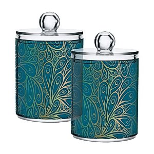 MNSRUU 2 Pack Qtip Holder Organizer Dispenser Vintage Peacock Feather Pattern Bathroom Storage Canister Cotton Ball Holder Bathroom Containers for Cotton Swabs/Pads/Floss