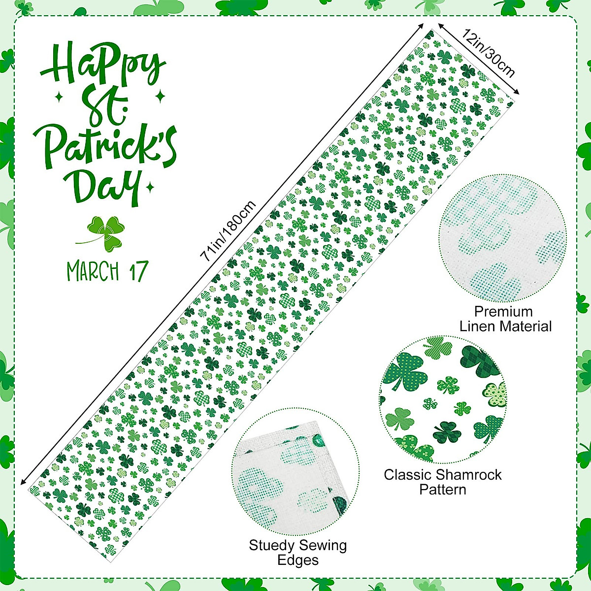 St. Patrick's Day Table Runner Long Dining Irish Green Lucky Clover Party Decoration, Clover Leaves Shamrocks for Wedding Party Holiday for Kitchen Dining Room Home Decoration