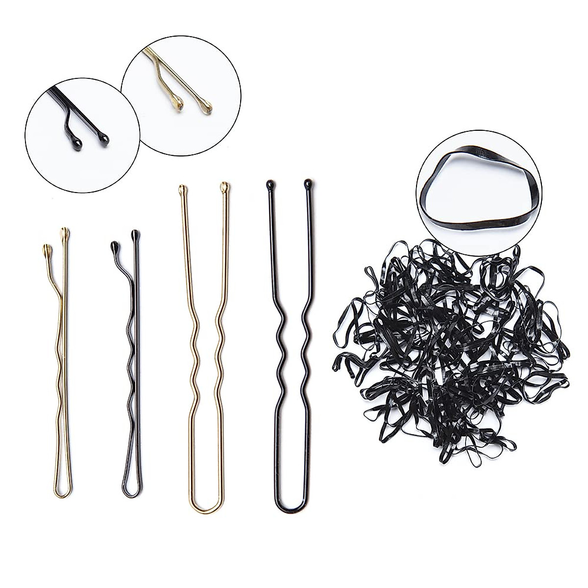 300 Pcs Hair Pins Kit, Including 100 Pcs Bobby Pins, 100 Pcs U Hair Pins, 100 Pcs Black Rubber Hair Bands, Hair Pins for Kids Girls and Women, Made of Metal, Not Easy to Fade, Which is Durable to be