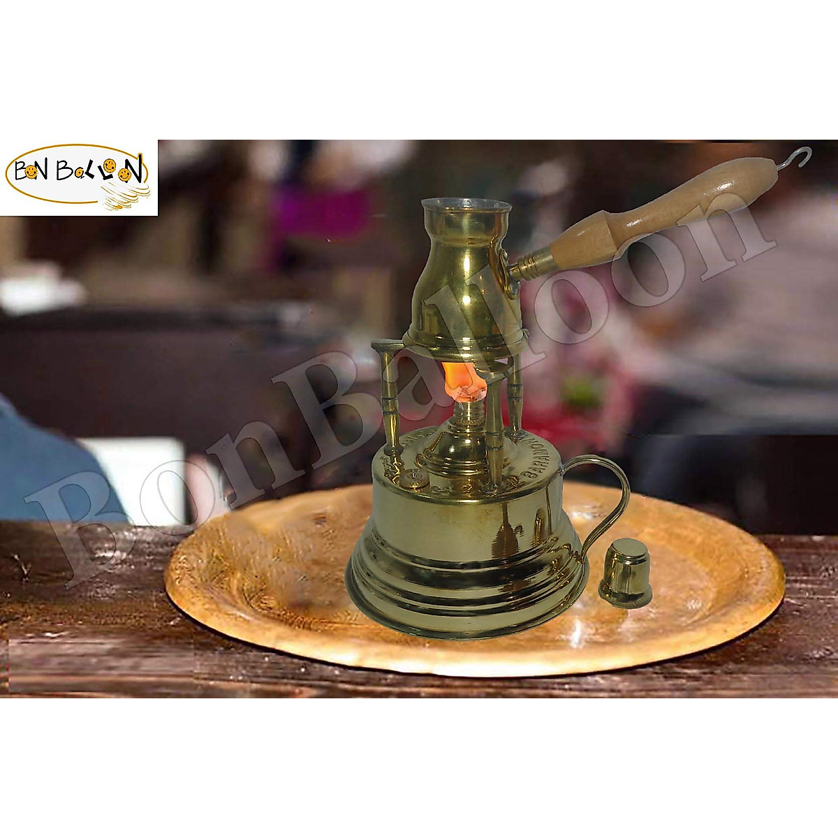 Al Bramony Brass Greek Turkish Coffee Maker Burner Table Top Tabletop With Brass Handle Arabian Solid Large Size Hand Hammered Handmade Egyptian Decanter+ Pot Ibrik Size N02 (Capacity 2 Cup)