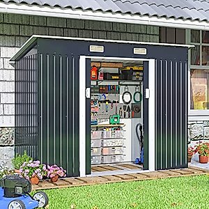 JAXPETY Garden 4.2' x 9.1' Storage Shed, Galvanized Steel Outdoor Storage Shed with Four Vents and Lockable Door, Outdoor Backyard Storage for Lawn Mover, Bike, Garbage Can, Tools
