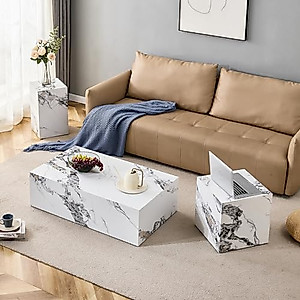 KEVINSPACE Coffee Tables for Living Room, 39.37" Modern Coffee Table Faux Marble Rectangular Drum Coffee Table, Fully-Assembled White Furniture with Mid Century Design for Waiting Area