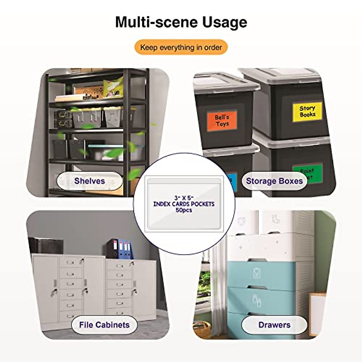 Clear Adhesive 3" x 5" Index Card Pockets with Top Open for Loading, 50 Pack, Plastic Labels Holders for Storage Bins and Library Card, Ideal Card Holder for Organizing and Protecting Your Index Cards