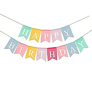 Happy Birthday Banner, Assembled Reusable Imitated Burlap Birthday Banner Colorful Rainbow Bunting Garland for Pastel Birthday Party Decorations