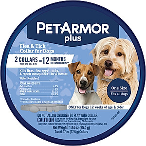 PetArmor Plus Flea & Tick Collar for Dogs, Kills Fleas & Ticks, Long Lasting Protection for 12 Months, Water Resistant, One Size Fits All, 2 Collars