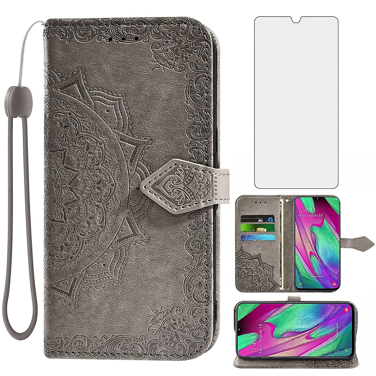 Compatible with Samsung Galaxy A40 Wallet Case and Tempered Glass Screen Protector Leather Mandala Flower Flip Cover Credit Card Holder Stand Cell Phone Cases for Glaxay A 40 Gaxaly 40A Women Men Gray