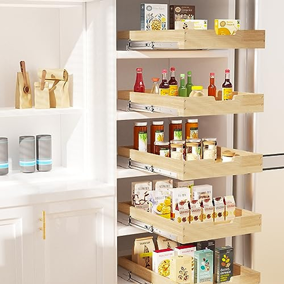 Sikarou Wood Pull Out Cabinet Organizer 14" W x 21" D, Heavy-Duty Sliding Drawers for Inside Cabinets Storage and Organization for Kitchen, Pantry, Bathroom