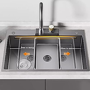 Gray Kitchen Sink Stainless Steel Sink With Waterfall Faucet Gray Sink Single Bowl Sink Thickened Stainless Steel Side Drain (Size : 75x46x20CM)