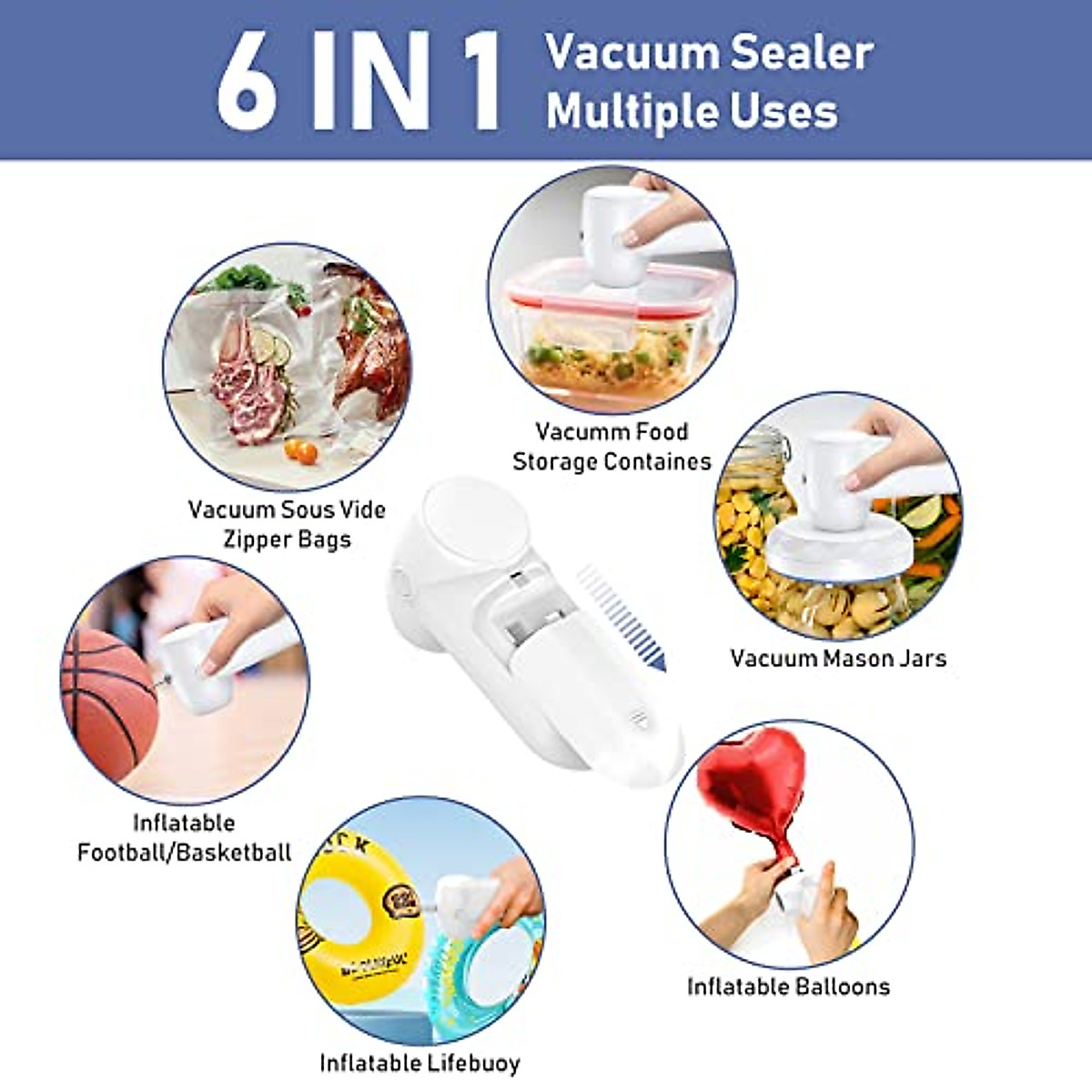 Jar Vacuum Sealer for Mason-Electric 6 in 1 Food Sealer Jar Sealer Handheld Vacuum Sealer Air Pump Kit for Wide and Regular Mouth Mason Jar Compatible with Vacuum Sealer Machine Attachment