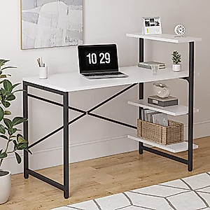 CubiCubi Small Computer Desk with Shelves 40 Inch, Home Office Desk, Study Writing Office Table, 3 Tier Shelf, White