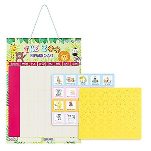 Navaris Kids Magnetic Reward Chart - Behavior Rewards Weekly Bedtime Chore Home Planner for Children - with Stars, Activity Magnets, Pen - Zoo Design