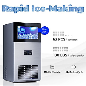 COSTWAY Commercial Ice Maker Machine, 180LBS/24H Stainless Steel Under Counter Freestanding Ice Machine for Restaurant with Self-Cleaning Function, 63 Ice Cube Ready in 13-18 mins, 35 LBS Storage Bin