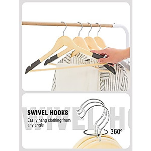 Solid Natural Wooden Coat Hangers, 20 Pack Heavy Duty Smooth Finish Suit Hangers with Non-Slip Pant Bar, Precisely Cut Notches & Chrome Swivel Hook for Closet, Wardrobe