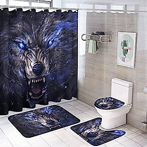 EEncantoo Premium Quality 4 Piece Angry Wolf Art Shaggy Rugs + U-Shaped Bath Mats & Lid Cover Rubber Backing + Fast Dry Shower Stall Curtain - Home Bath Room Decor