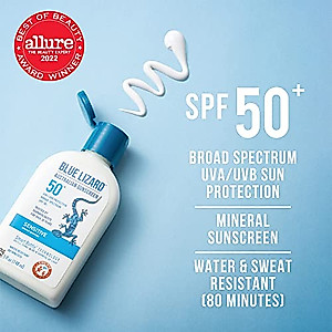 BLUE LIZARD Sensitive Mineral Sunscreen with Zinc Oxide, SPF 50+, Water Resistant, UVA/UVB Protection with Smart Bottle Technology - Fragrance Free, 5 oz