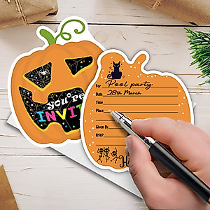 Haizct 15 Pack Halloween Pumpkin Shaped Fill-In Invitations,Fall,Halloween,Monster,Costume Partyor Thanksgiving Party Invitation Cards with Envelopes For Kids or Adults Birthday(YXK045)