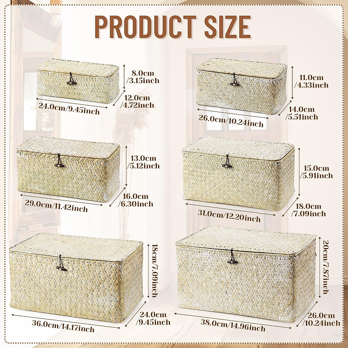 Kigley 6 Pcs Seagrass Basket with Lid Wicker Storage Decorative Boxes with Lids Bin Woven Organizer for Shelf Closet Bedroom, 6 Sizes(Classic Style,White)