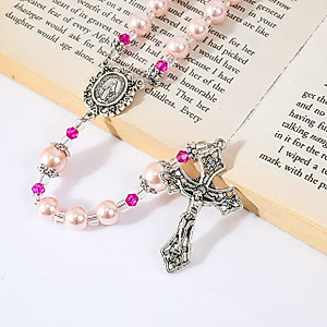 Nazareth Store Pink Pearl Beads Womens Rosary Handcrafted Beaded Necklace with Miraculous Medal and Jesus Cross