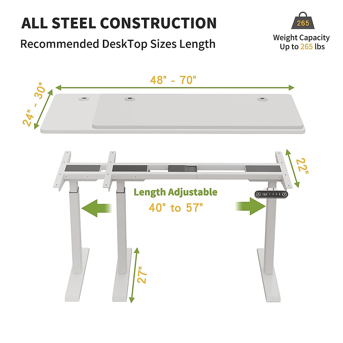 Radlove Dual Motor Height Adjustable Standing Desk Frame, Adjustable Desk Legs for 48'' to 70'' Desk Tops, Home Office Sit Stand Desk Base, Heavy Duty 265 lb Load Capacity for Home Office