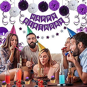 Birthday Decorations for Girls Women, Purple Party Decorations Happy Birthday Decoration with Bunting Banner, Balloons, Pompoms, Hanging Swirl for Bday Engagement Anniversary Party Decor Suit
