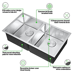 CITYLE 32 Inch Undermount Kitchen Sink, Stainless Steel Sink Handmade 50/50 Double Basin with Bottom Grid and Basket Strainer Drain for Bar Prep Kitchen(32'' x 18'' x 9'')