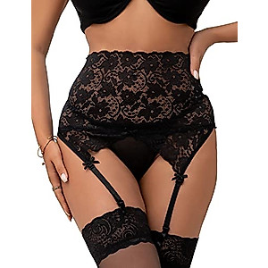 ohmydear Plus Size Lace Garter Belts High Waisted Suspender Belt Sets with 4 Straps for Thigh High Stockings Black M-L