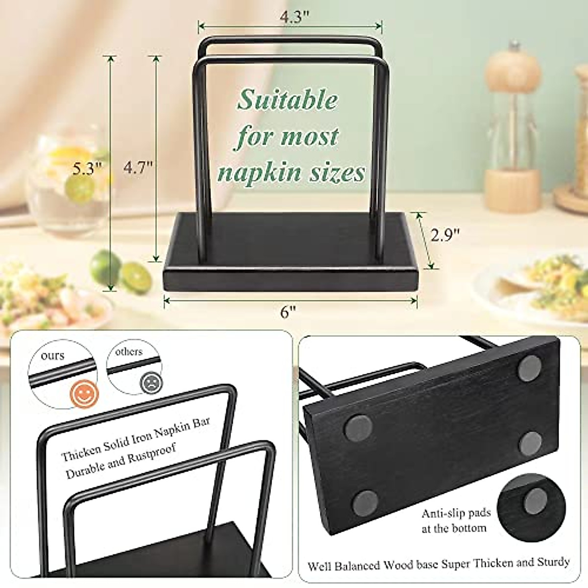 Napkin Holder for Table Modern Black, Acacia Wood Napkins Holder with Metal Wire, for Kitchen Dining Table Farmhouse Cocktail Picnic Bar Rustic, Wood Holders for All Dining Room Home Decors