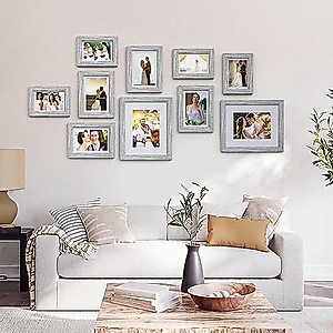 Povrgive Picture Frames Set of 10 Gray Wood Grain, Bulk MDF Frames for 8x10, 5x7, 4x6 Photos Real Glass for Wall or Tabletop